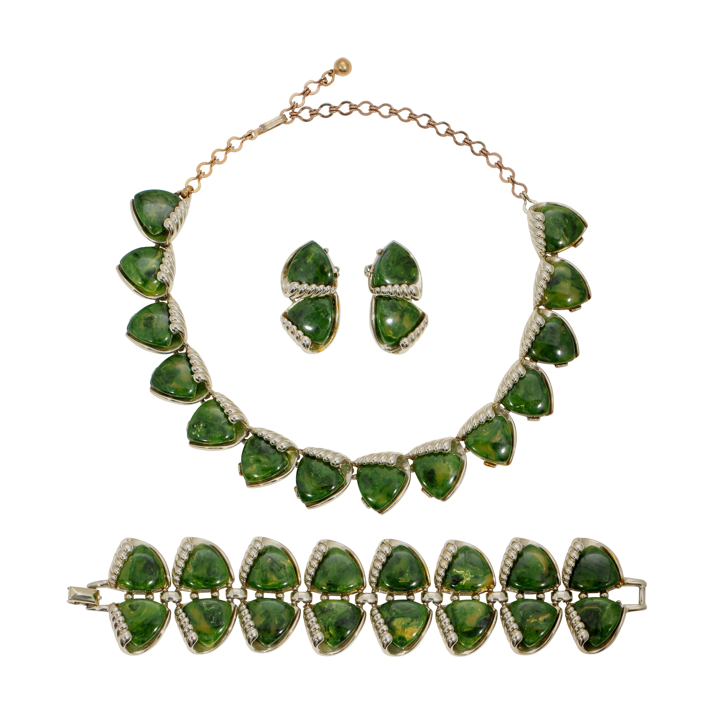 Vintage Charel Green Marble Bakelite and Metal Full Parure ...